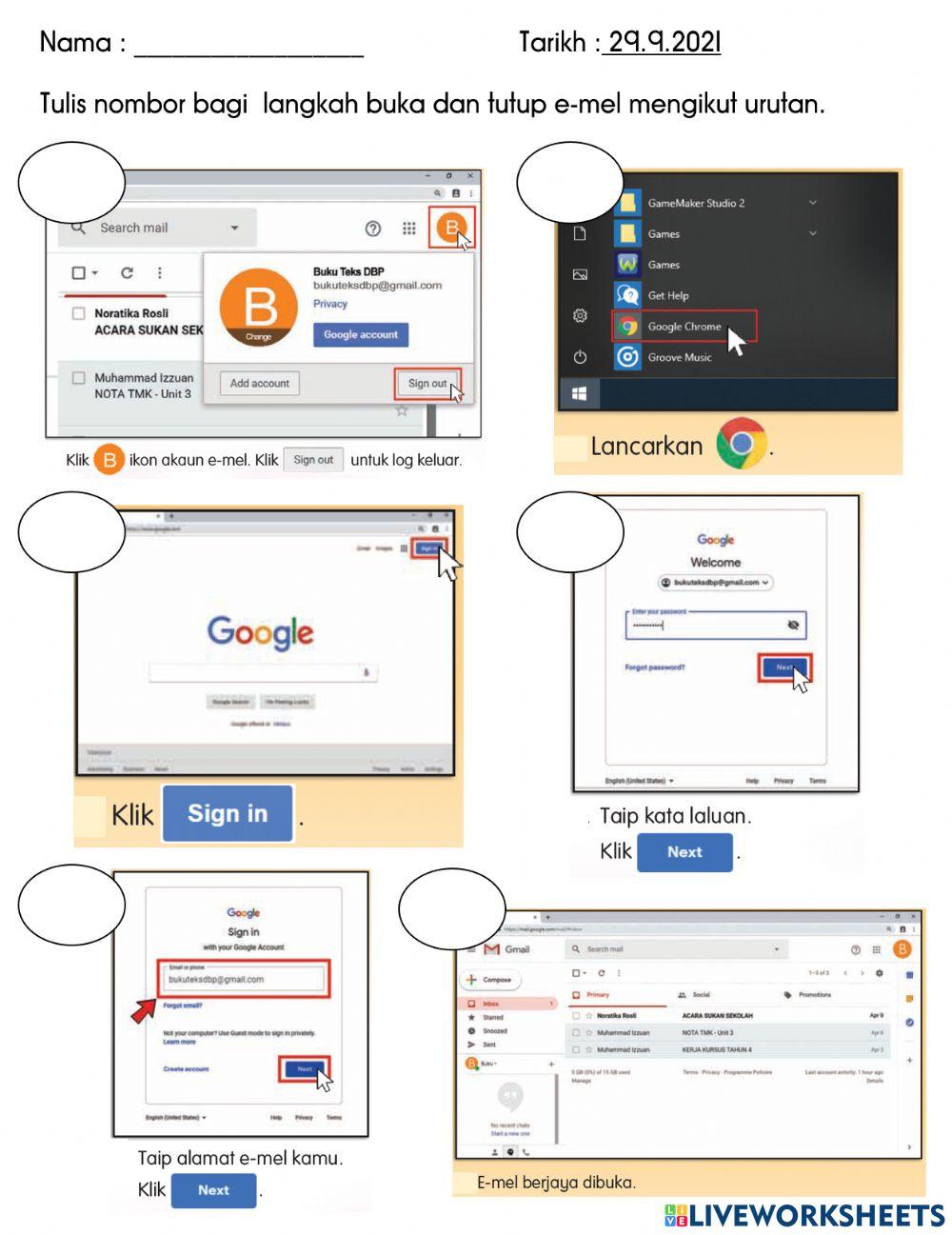 Langkah Buka dan Tutup e-mel worksheet | Live Worksheets