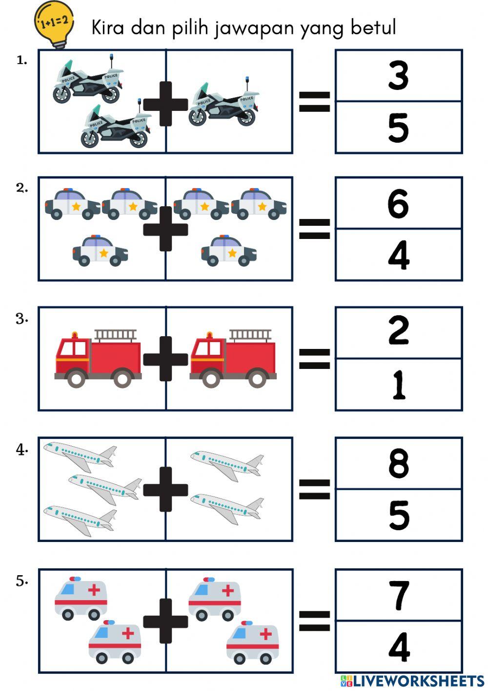 Operasi tambah online exercise for Prasekolah | Live Worksheets