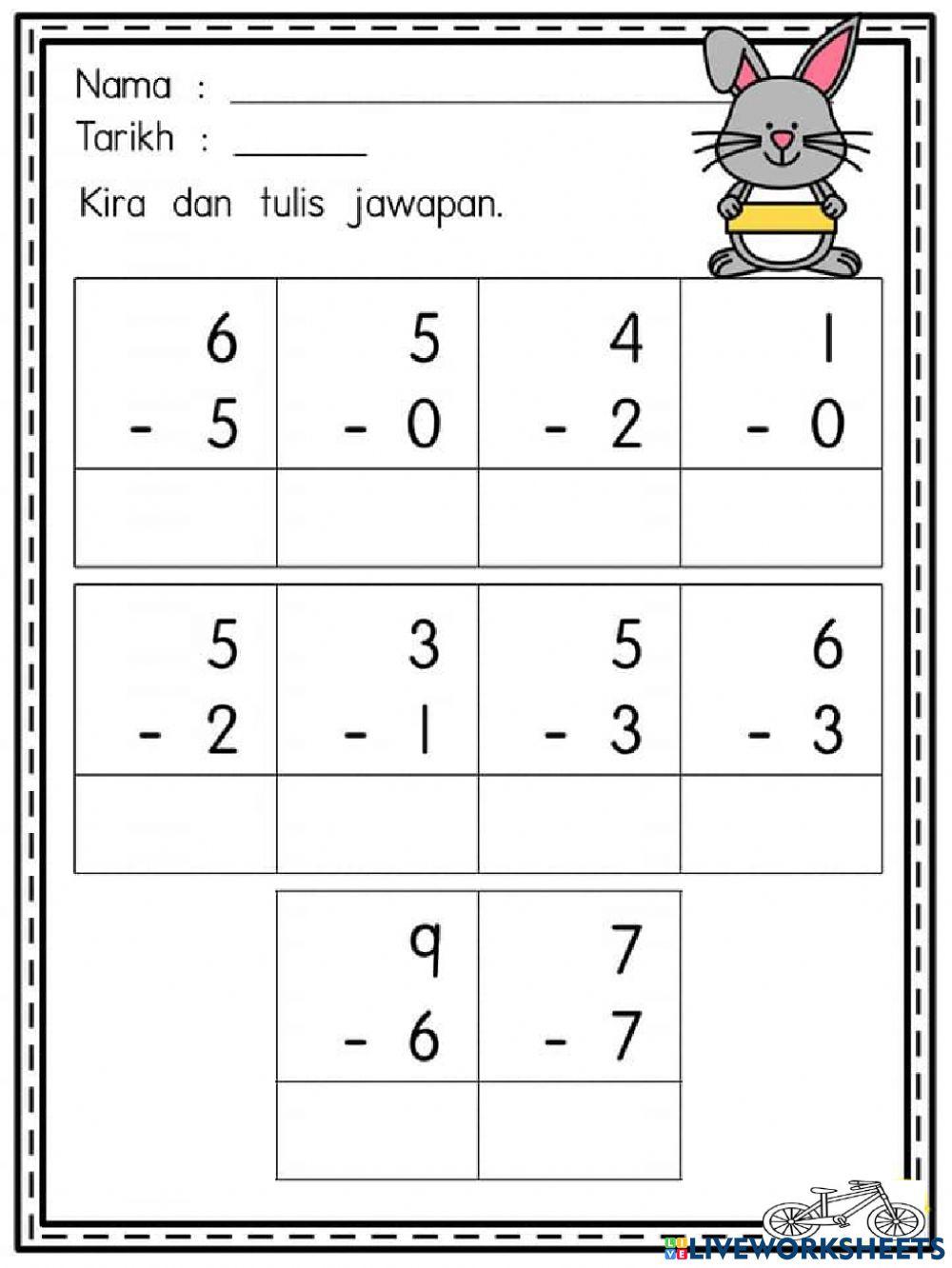 Operasi tolak online exercise for preschool | Live Worksheets