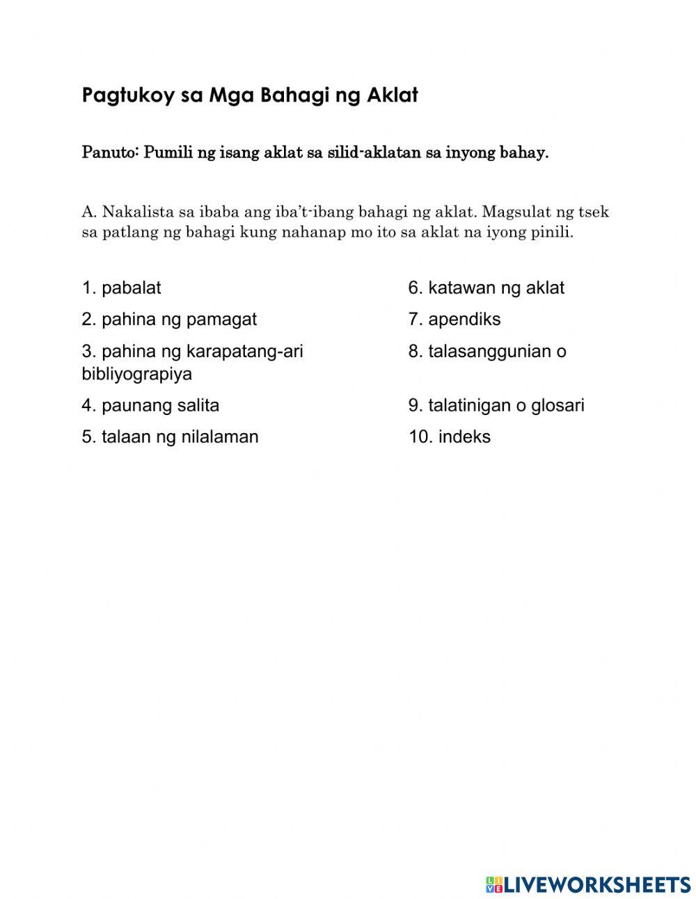 Bahagi ng Aklat online exercise for | Live Worksheets