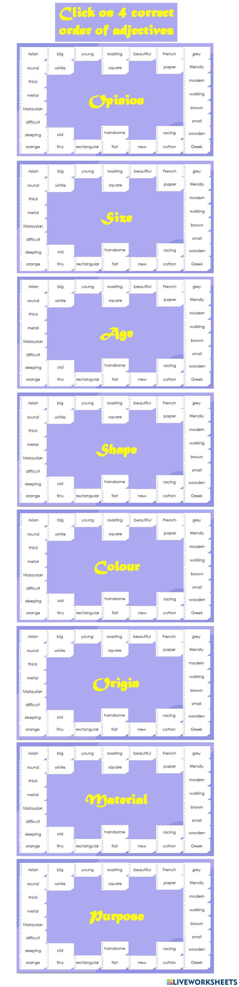 Order of adjectives interactive worksheet for 4-6 | Live Worksheets