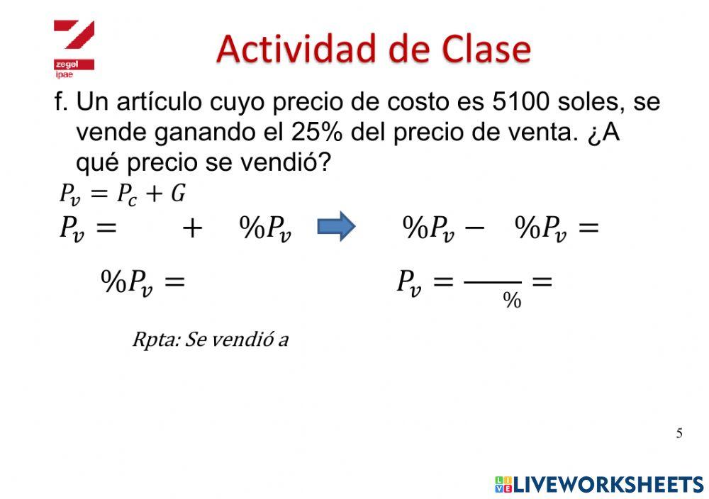 Precio Venta Costo Ganancia 2 worksheet | Live Worksheets