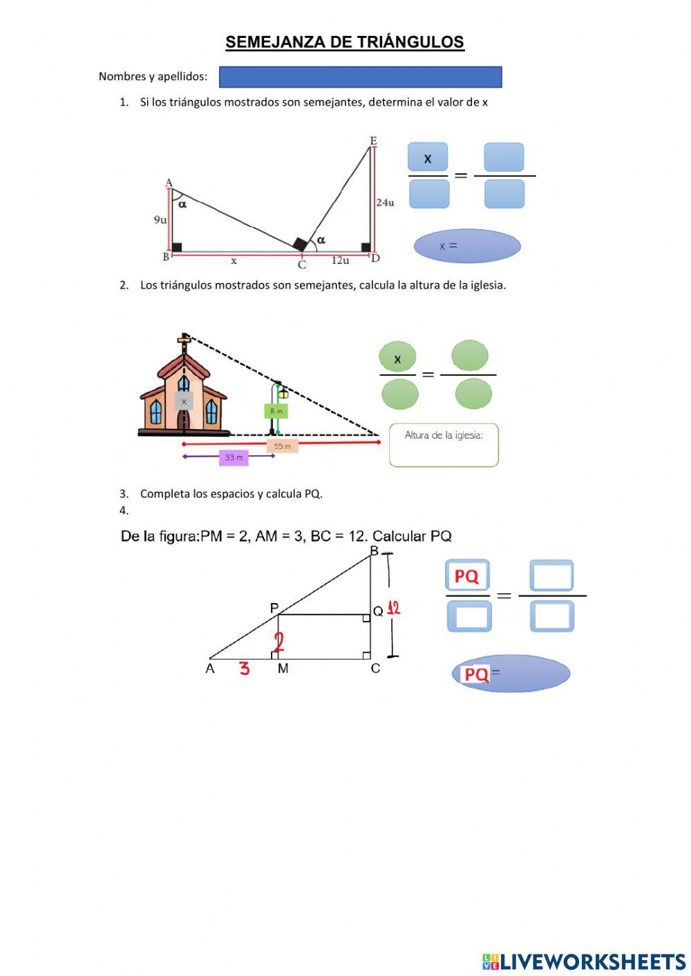 Semejanza de triangulos 2 interactive worksheet | Live Worksheets