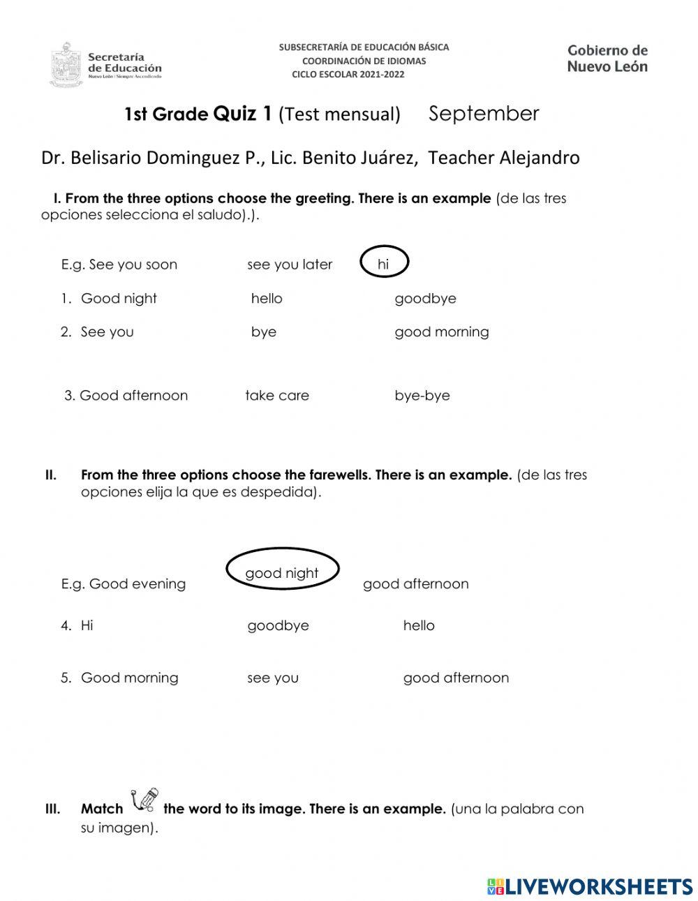 1ST GRADE QUIZ SEPT 27 al 01 21. worksheet | Live Worksheets
