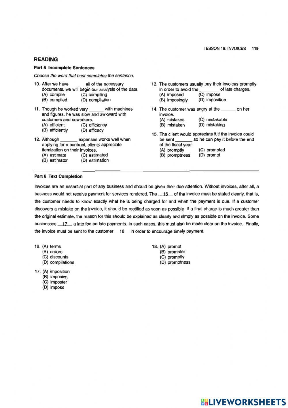 Toeic - Vocab - Unit 19 - Reading Ex worksheet | Live Worksheets