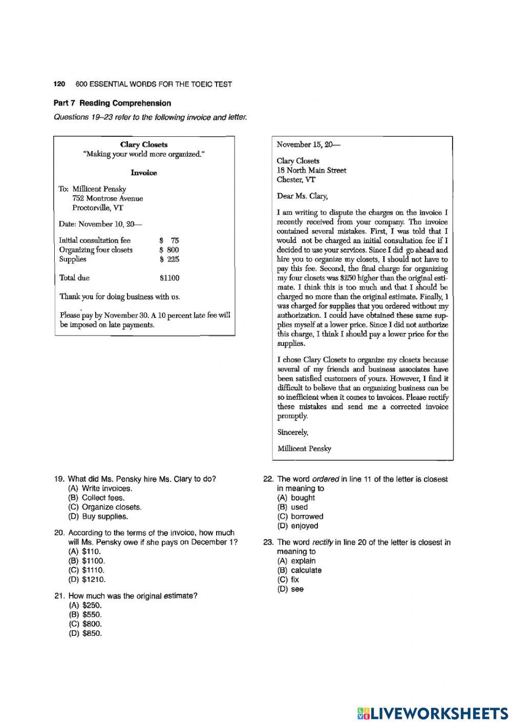 Toeic - Vocab - Unit 19 - Reading Ex worksheet | Live Worksheets