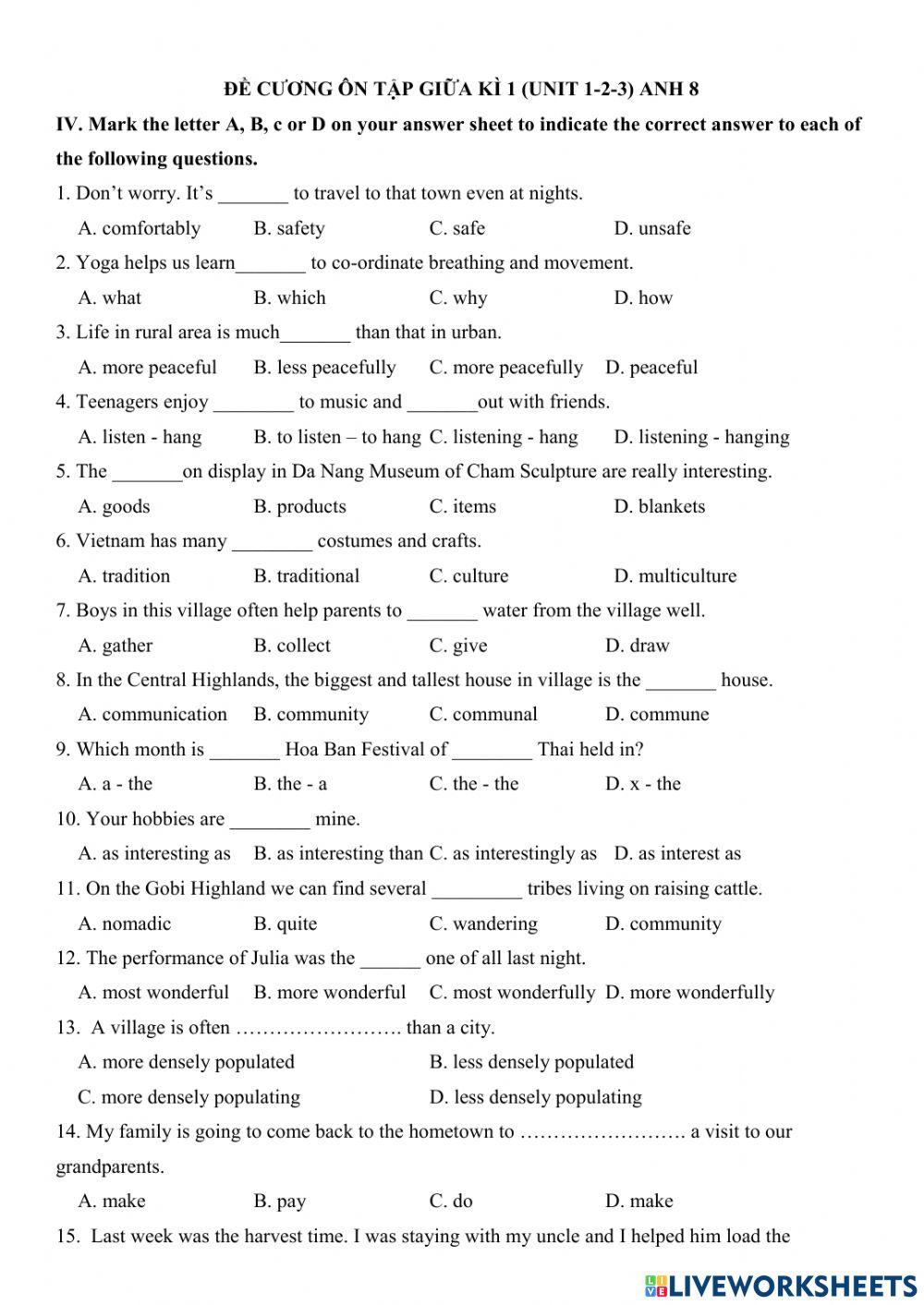Ôn tập giữa kì 1 worksheet | Live Worksheets