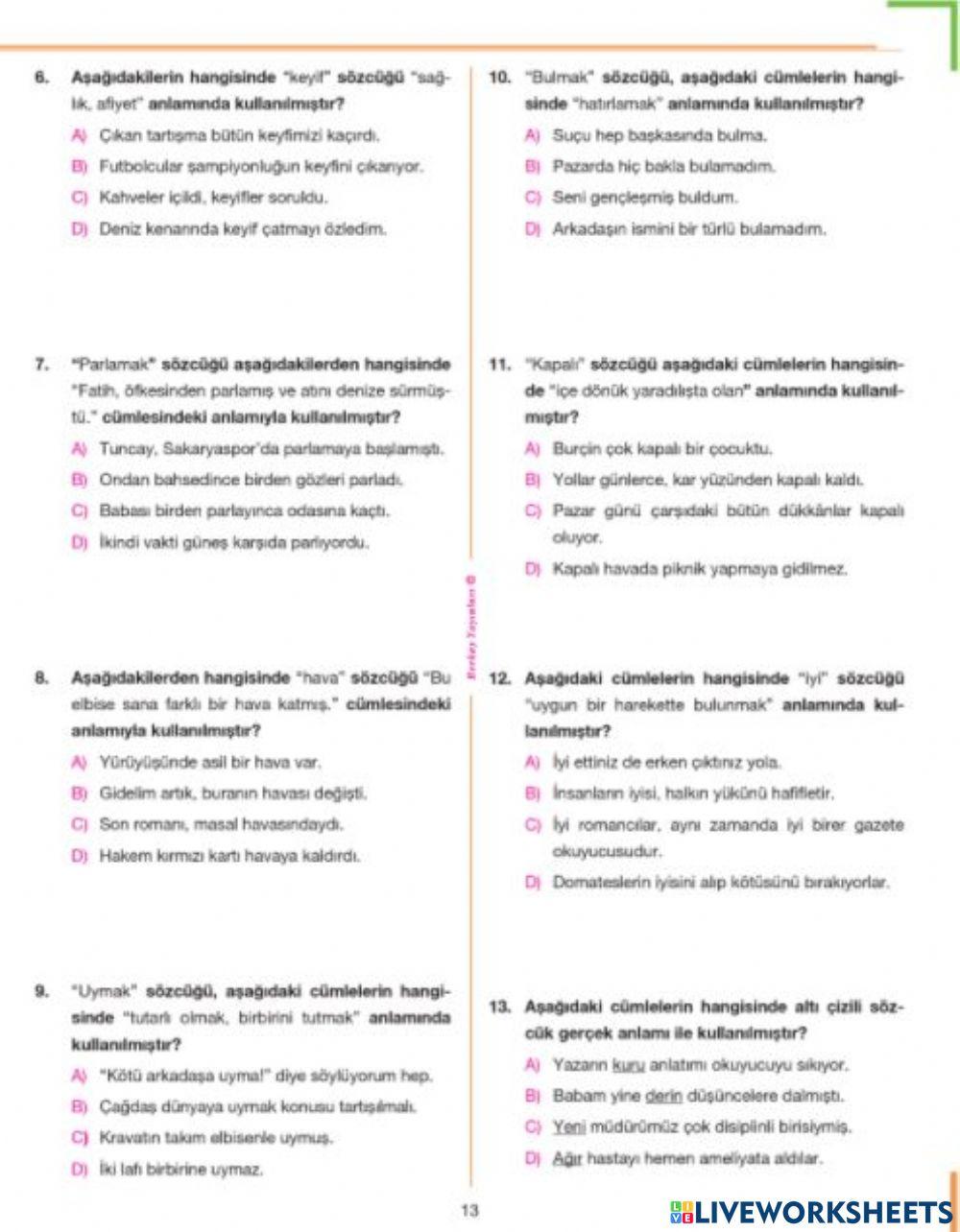 Türkçe worksheet for 5 | Live Worksheets