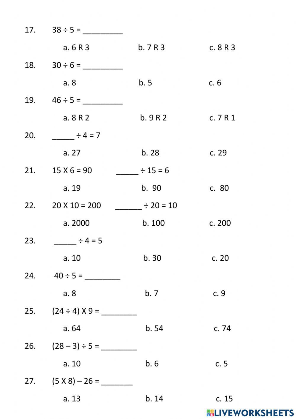 First Semester Examination in Math 2-5 worksheet | Live Worksheets