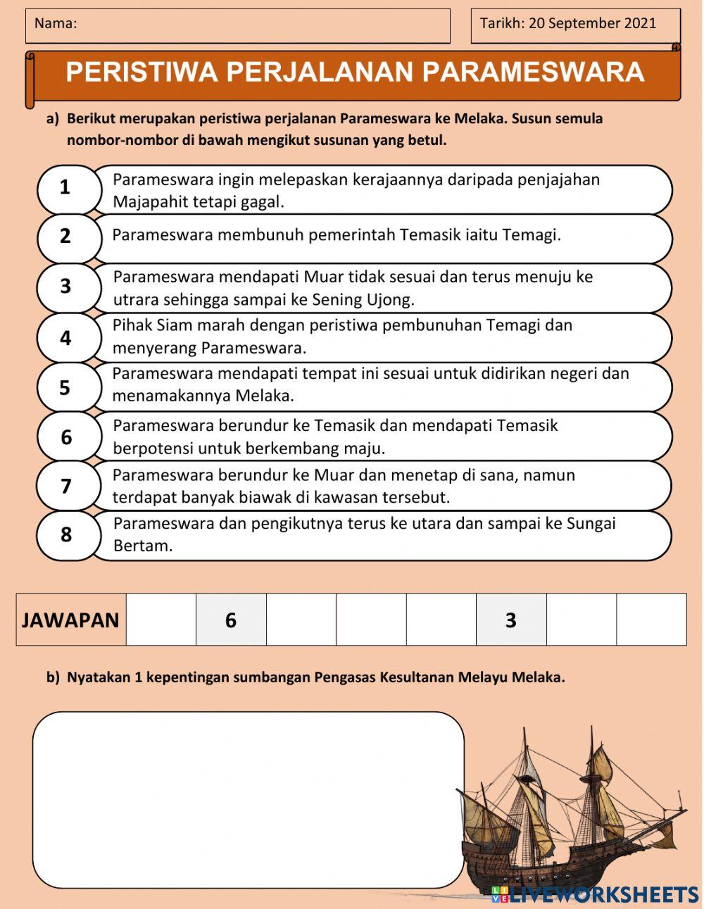 Perjalanan parameswara ke Melaka worksheet | Live Worksheets
