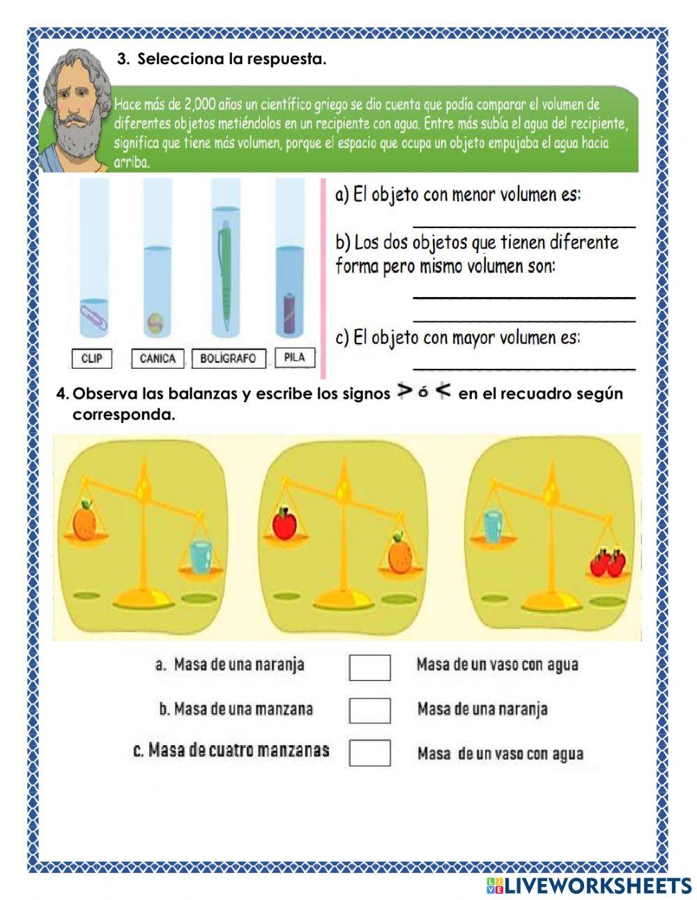 Masa y volumen | Free Interactive Worksheets | 1445011