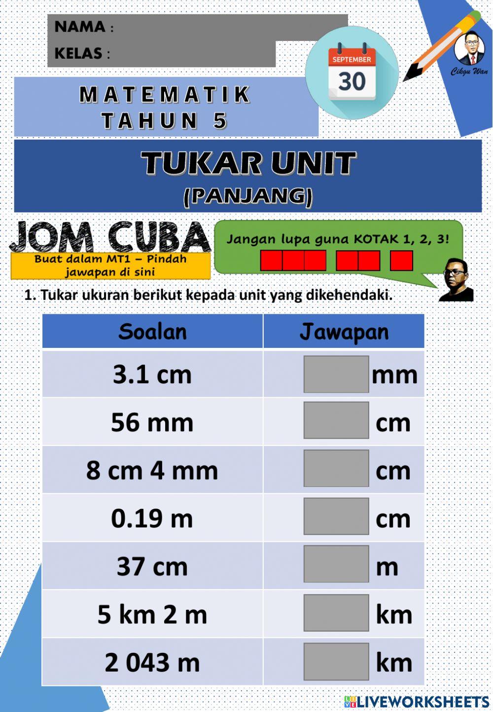 Tukar unit - panjang worksheet | Live Worksheets