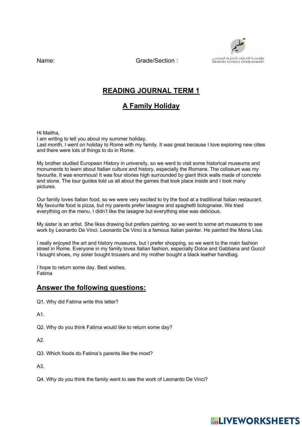 G7 Reading Journal T1 worksheet | Live Worksheets