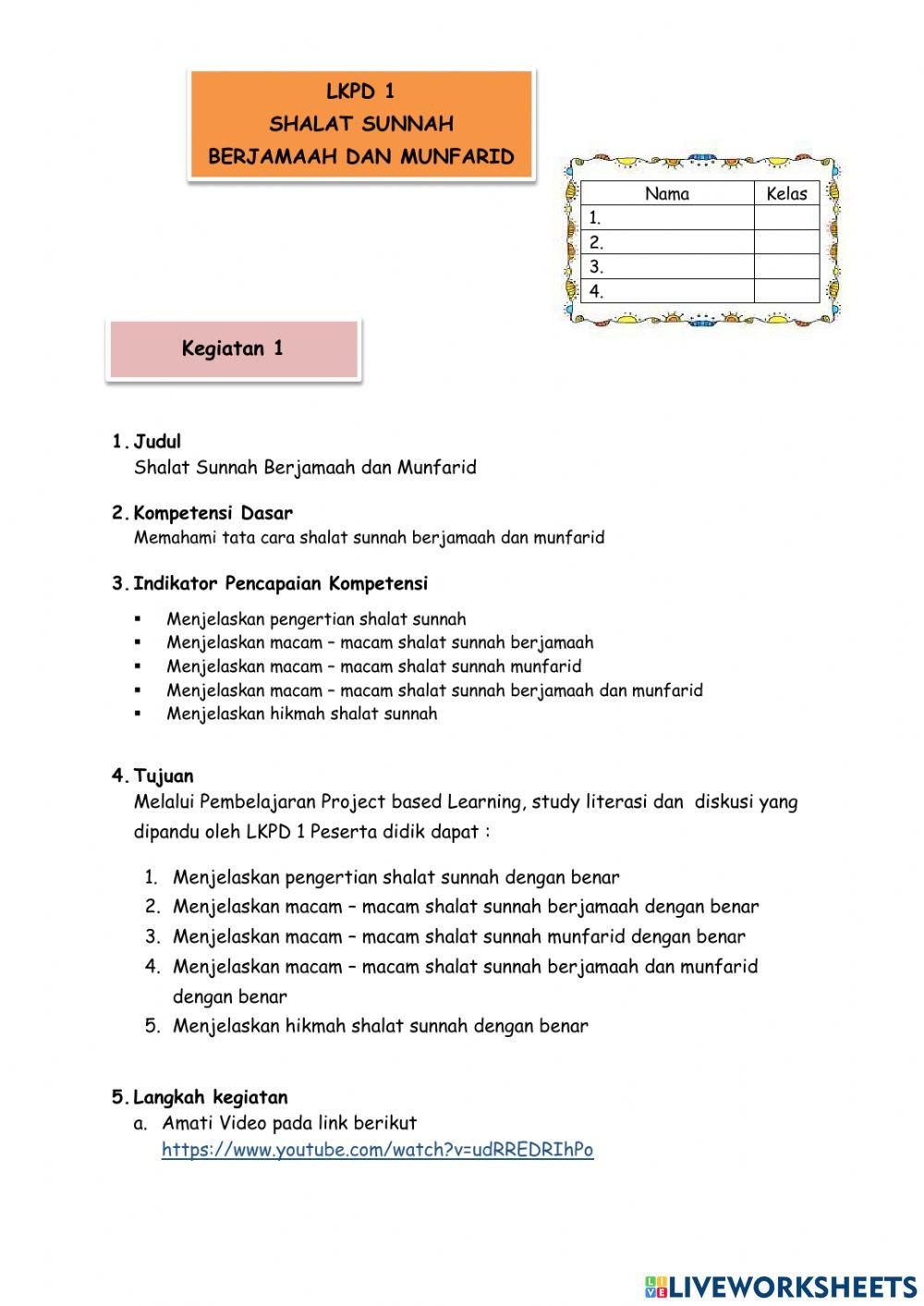 Shalat sunnah berjamaah dan munfarid interactive worksheet | Live ...