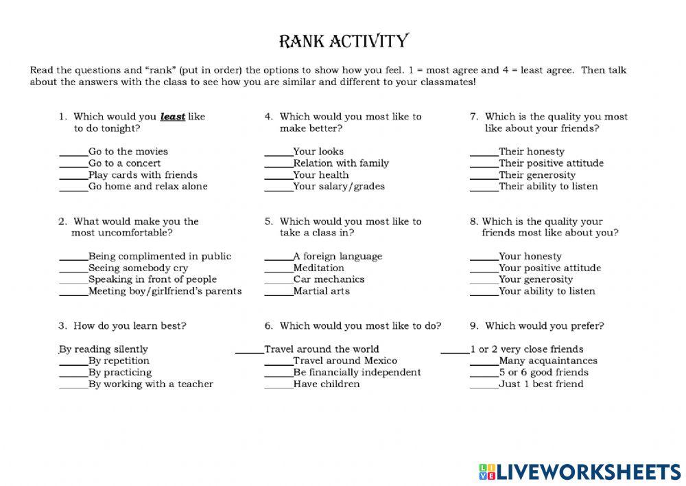 Ranking interactive worksheet | Live Worksheets