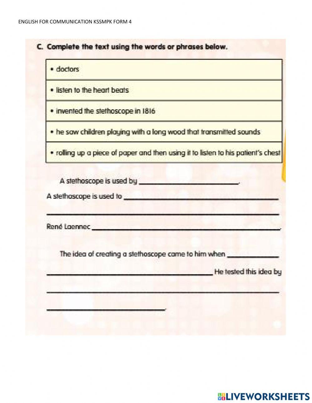 Medical breakthrough: stethoscope worksheet | Live Worksheets