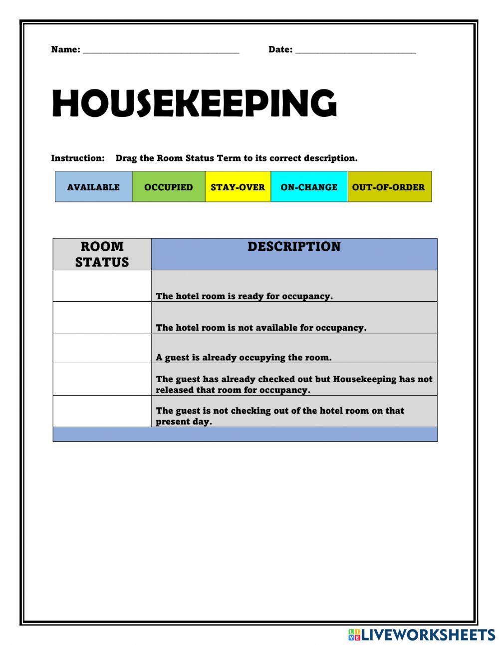 Housekeeping | Free Interactive Worksheets | 1464928