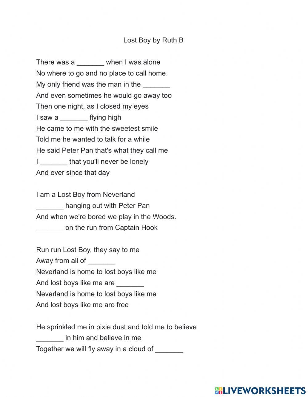 Lost Boy Lyrics | Free Interactive Worksheets | 1463682