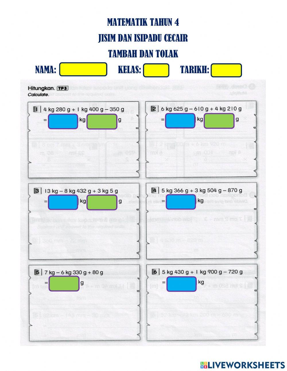 Tambah dan tolak jisim dan isipadu cecair worksheet | Live Worksheets