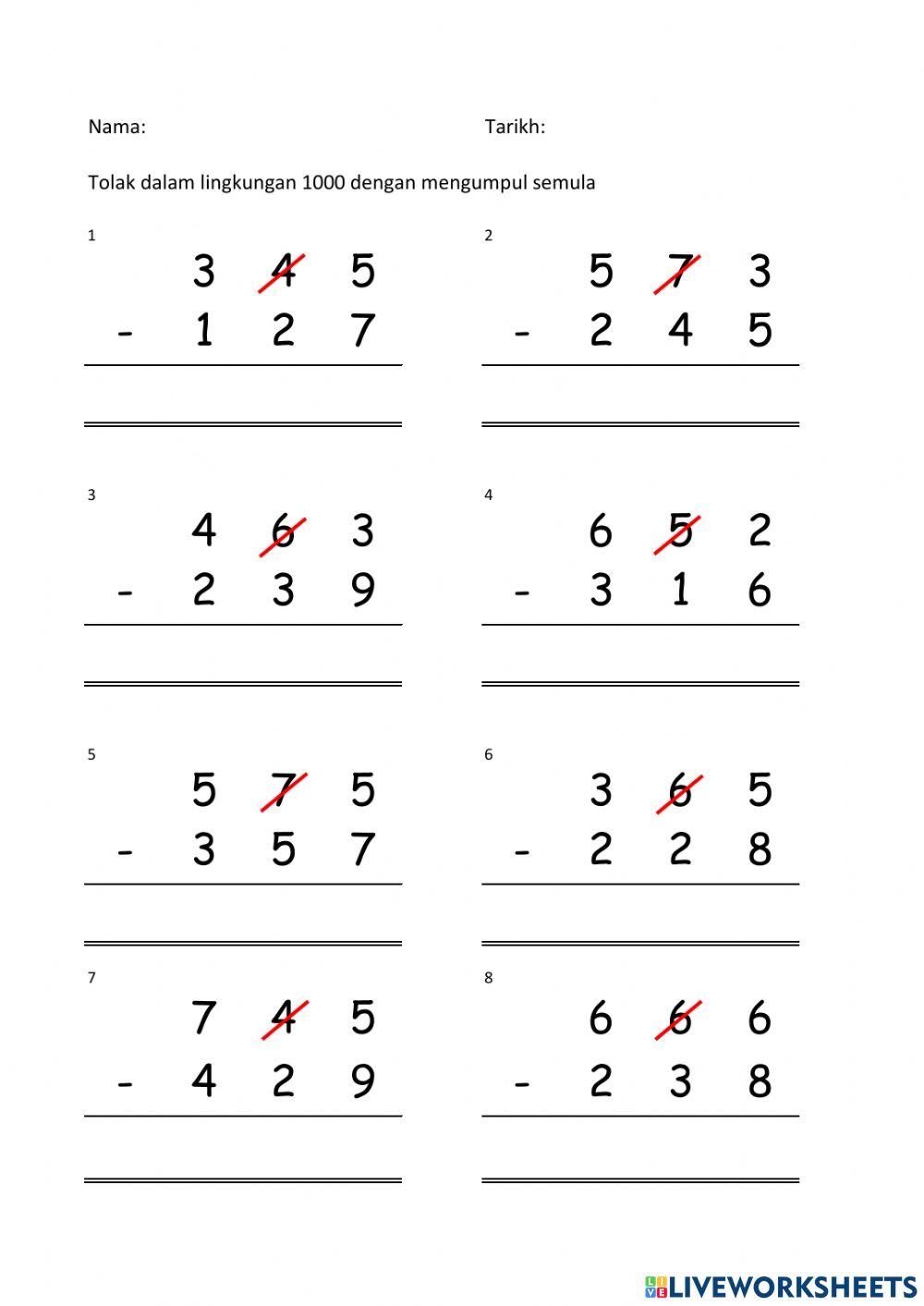 Operasi tolak 1000 lmengumpul semula worksheet | Live Worksheets
