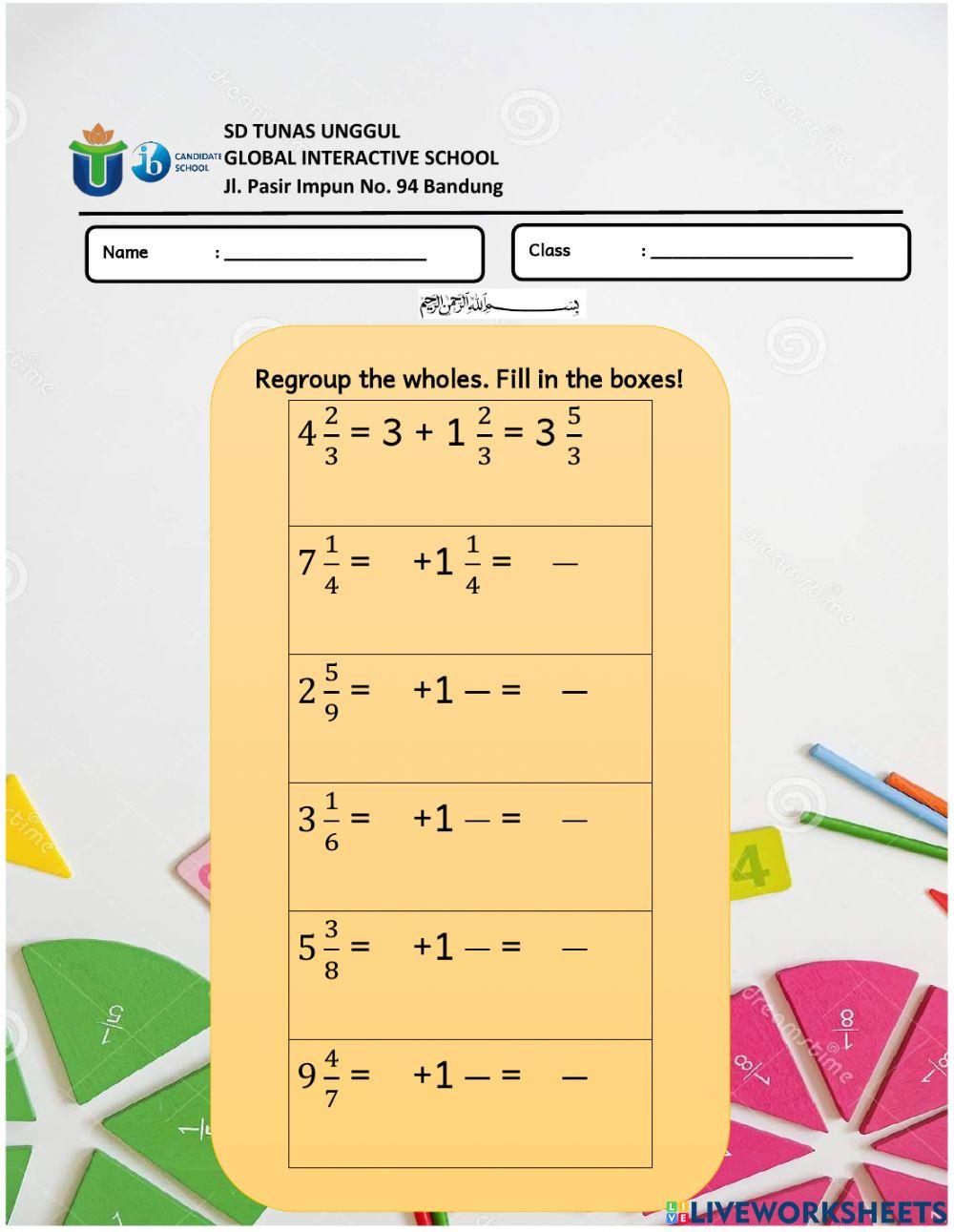 Regroup Mixed Fraction worksheet | Live Worksheets