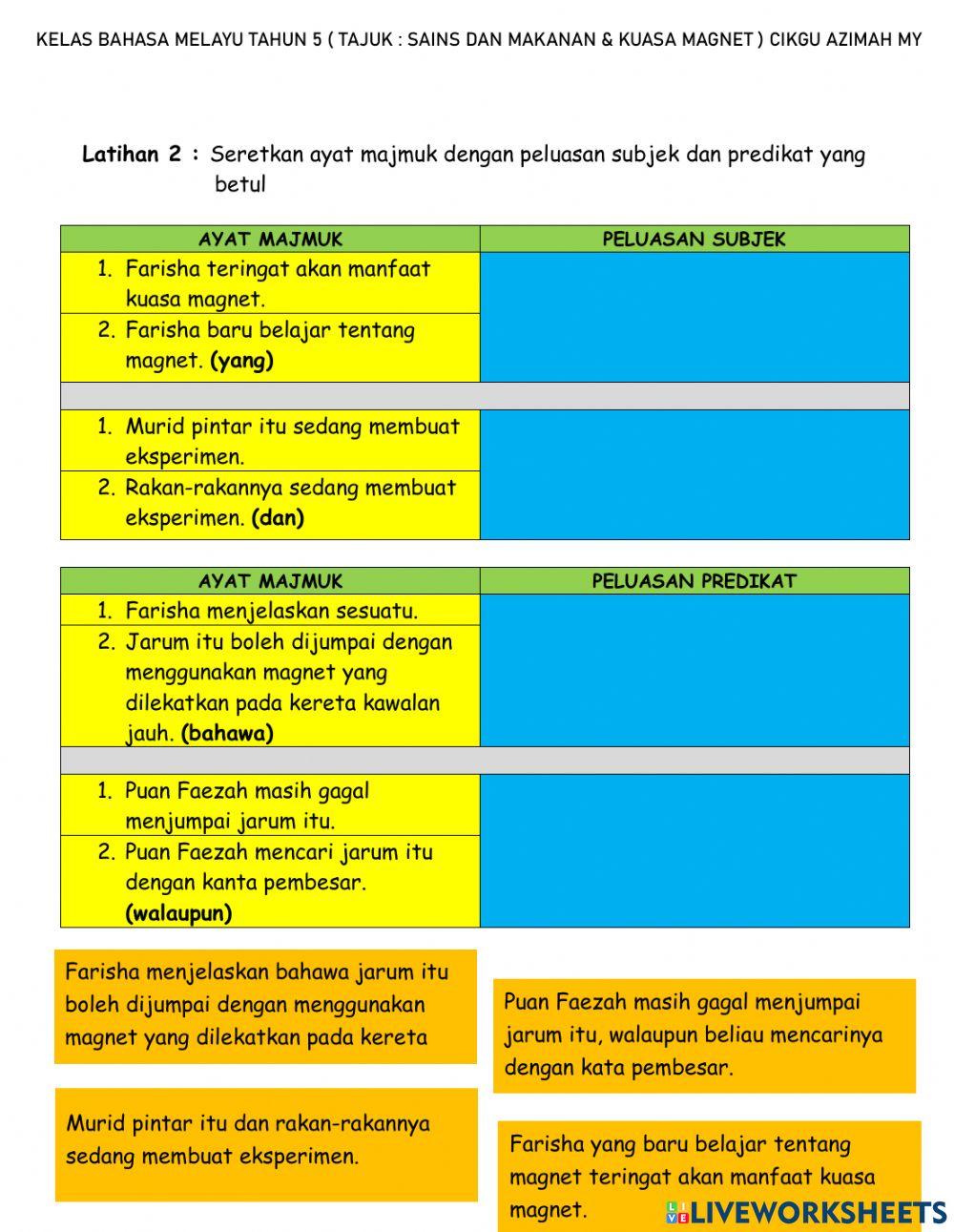 Ayat tunggal da… | Free Interactive Worksheets | 1346227
