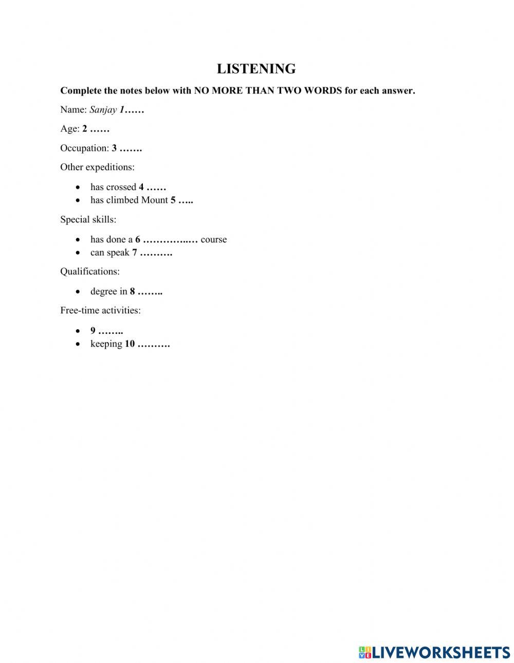 IELTS Listening - Section 1: Gap filling online exercise for | Live ...