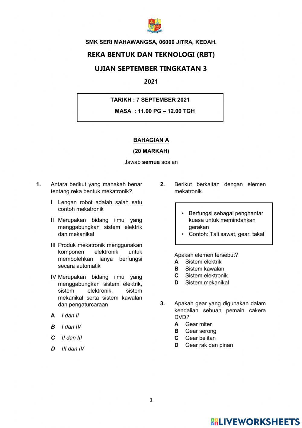 SMKSM Ujian September Tingkatan 3 RBT 2021 worksheet | Live Worksheets