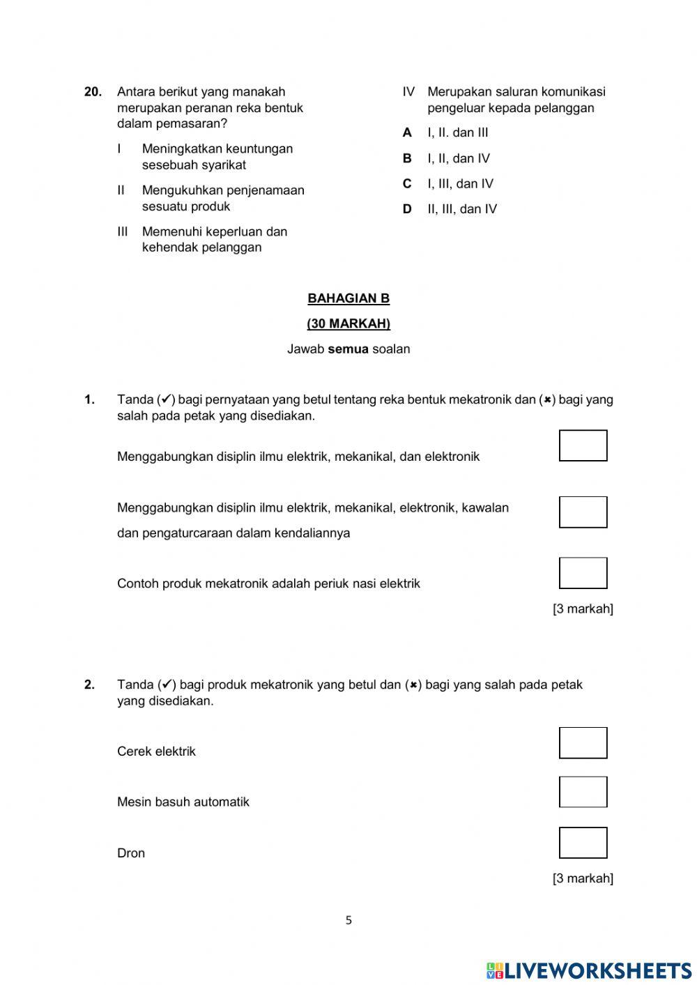 SMKSM Ujian September Tingkatan 3 RBT 2021 worksheet | Live Worksheets
