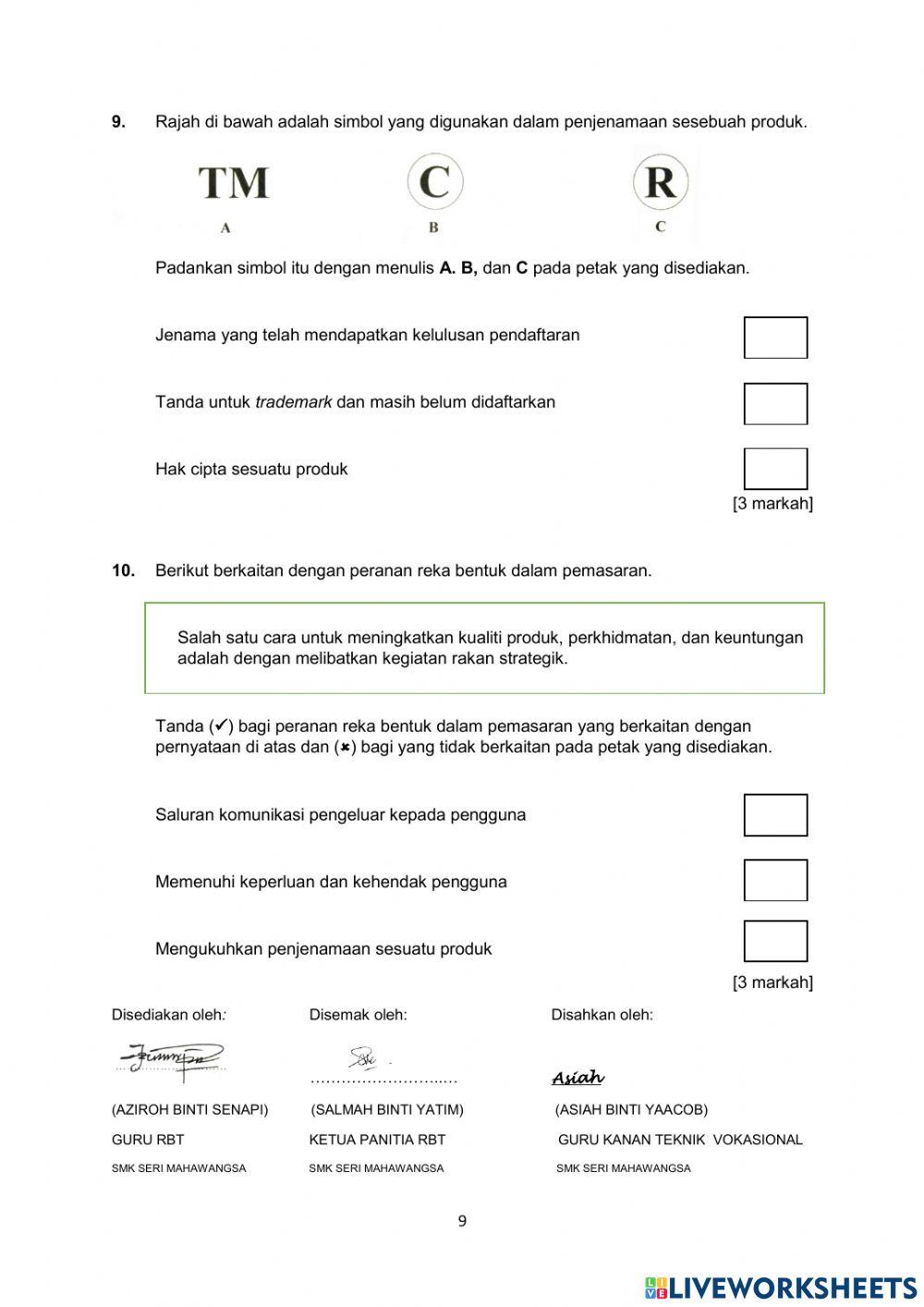 SMKSM Ujian September Tingkatan 3 RBT 2021 worksheet | Live Worksheets