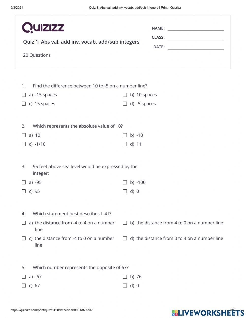 3830303 | Quiz 1: Abs Value, Additive inverse,