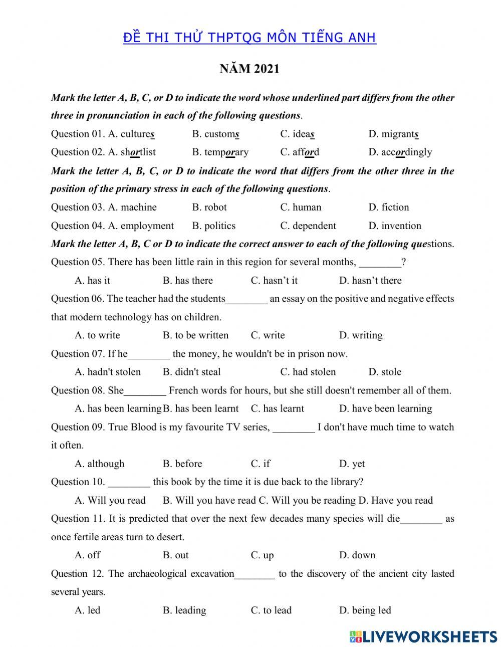 Trial test 46 | Free Interactive Worksheets | 1347680
