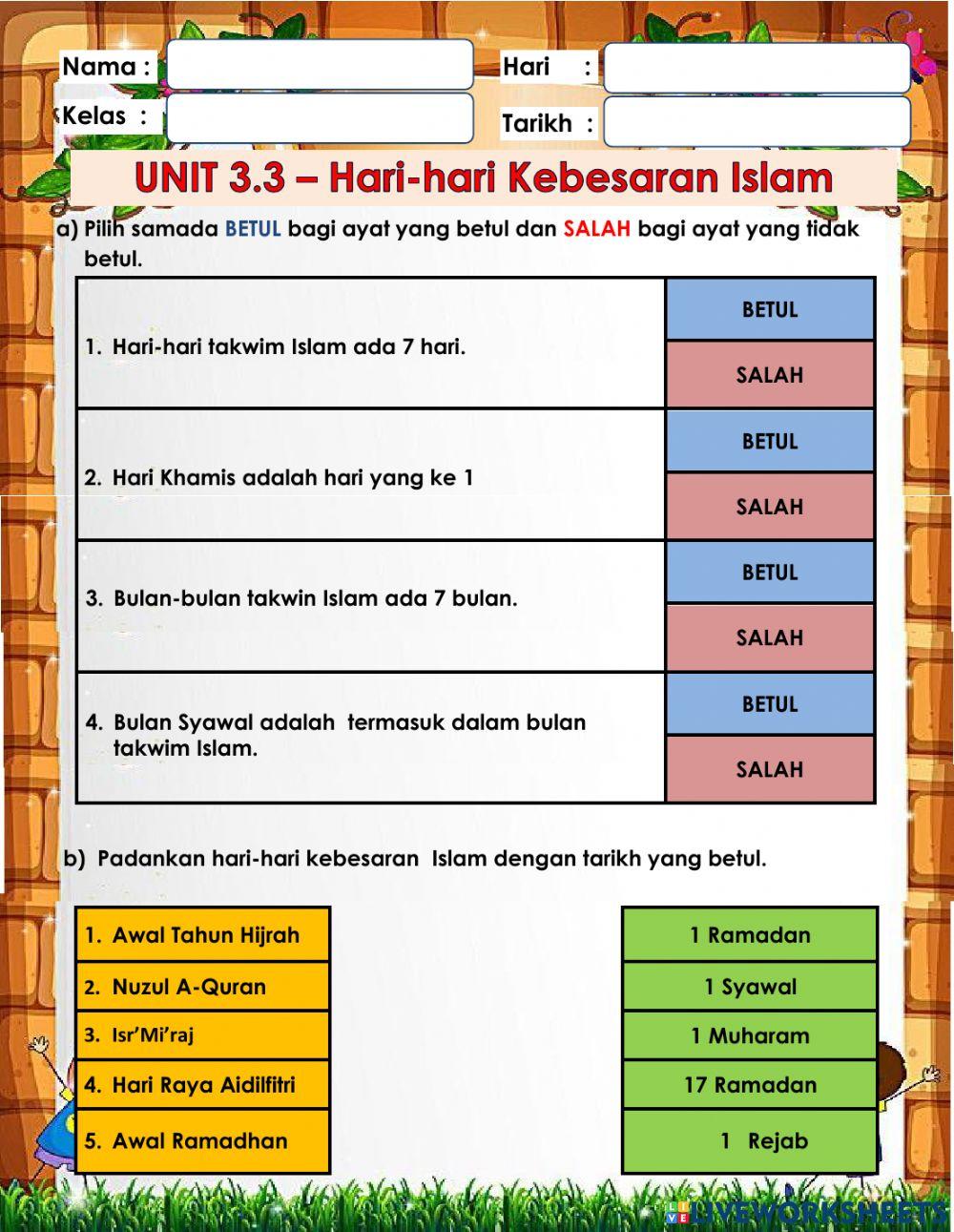 Mengetahui hari-hari kebesaran islam. worksheet | Live Worksheets