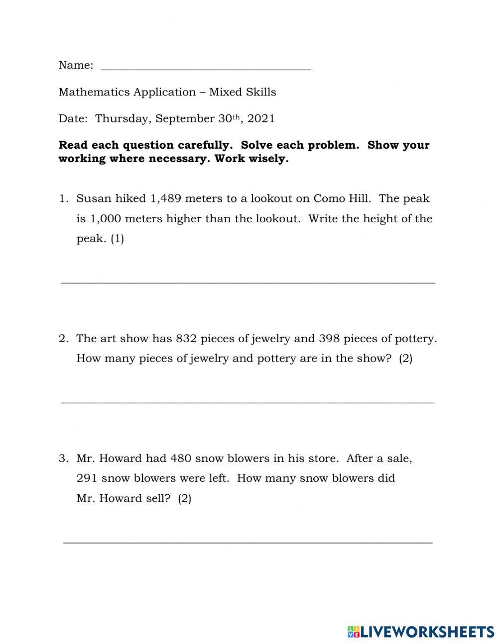 Math Application - Mixed Skills worksheet | Live Worksheets