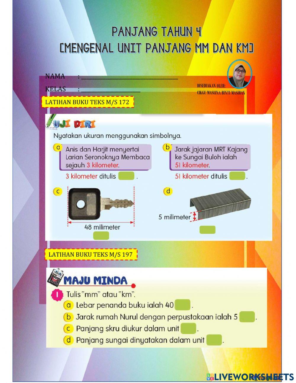 Mengenal unit panjang mm dan km worksheet | Live Worksheets