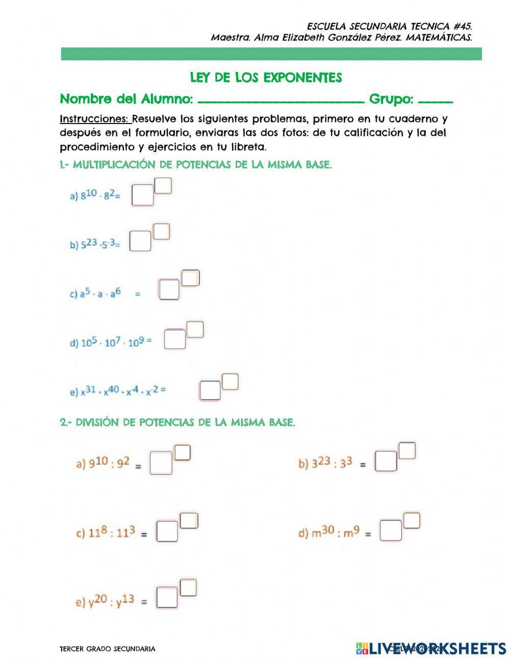 Hoja De Trabajo De Práctica De Reglas De Exponentes