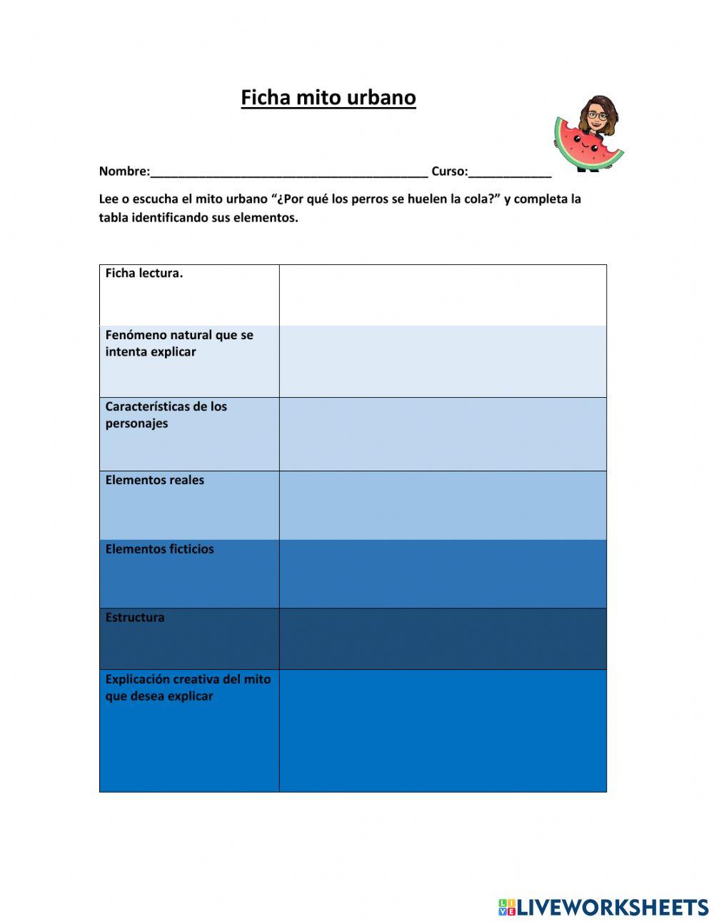 Ficha mito urbano worksheet | Live Worksheets