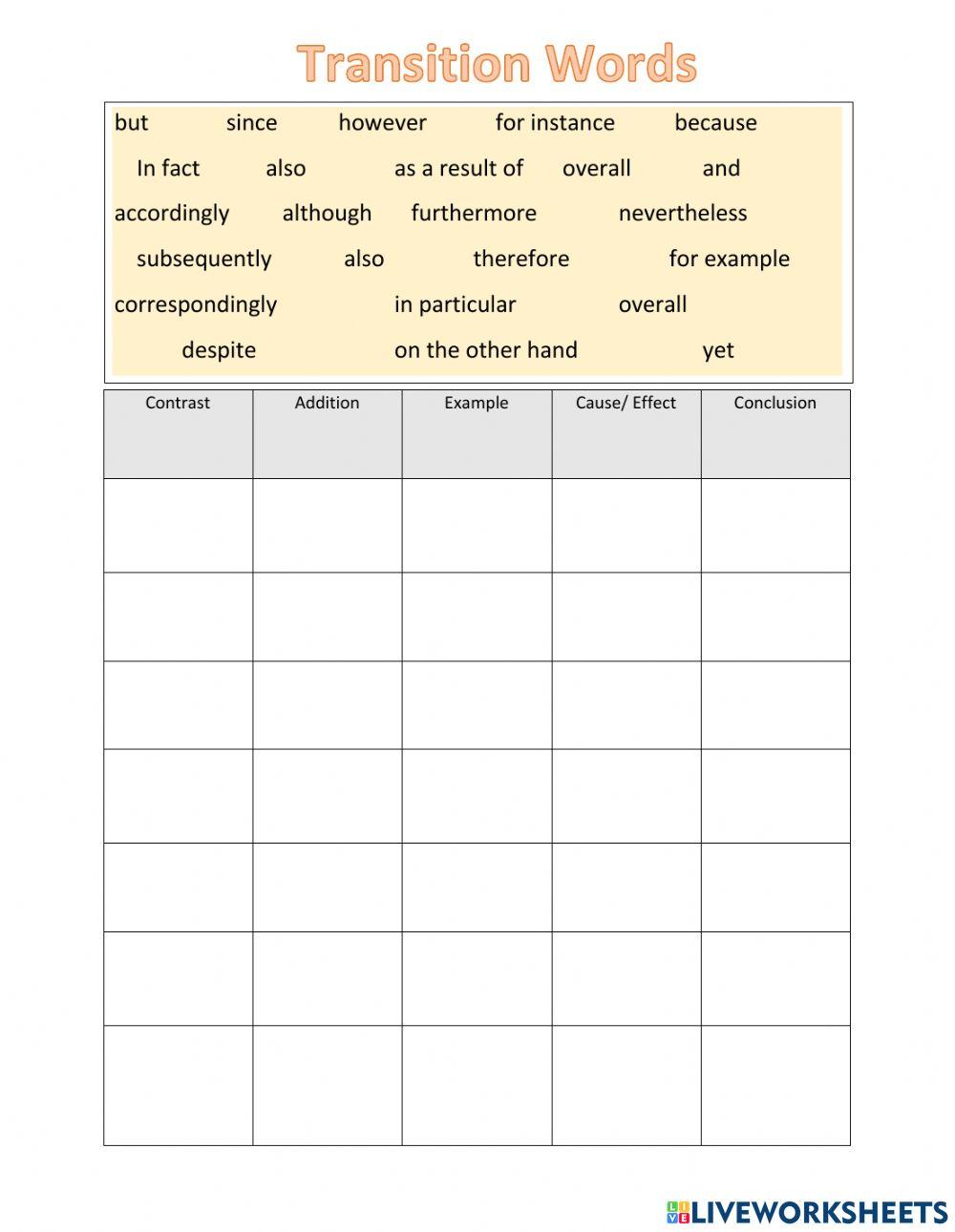 Transition Words | Free Interactive Worksheets | 1464941