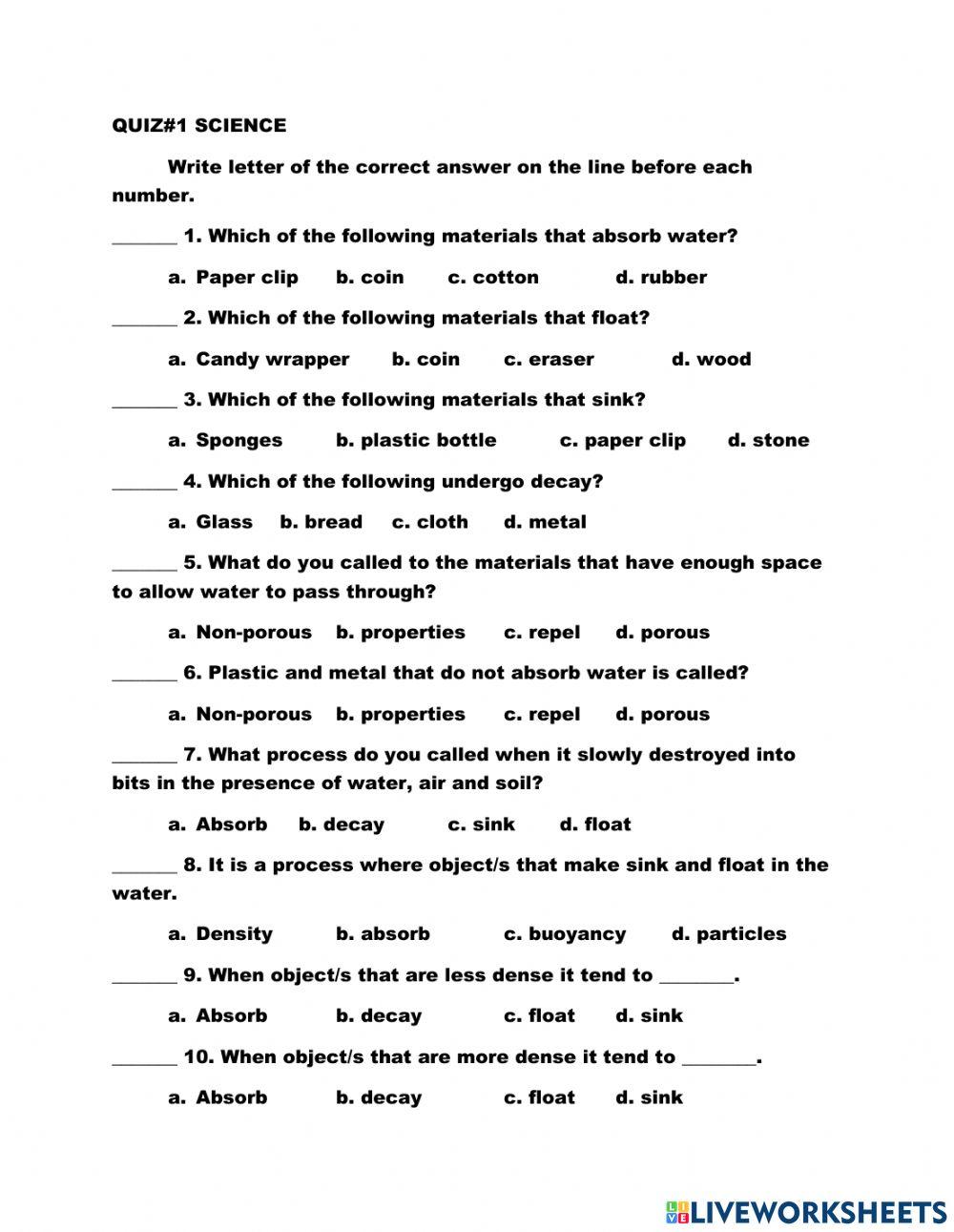 Absorb,sink&float worksheet | Live Worksheets