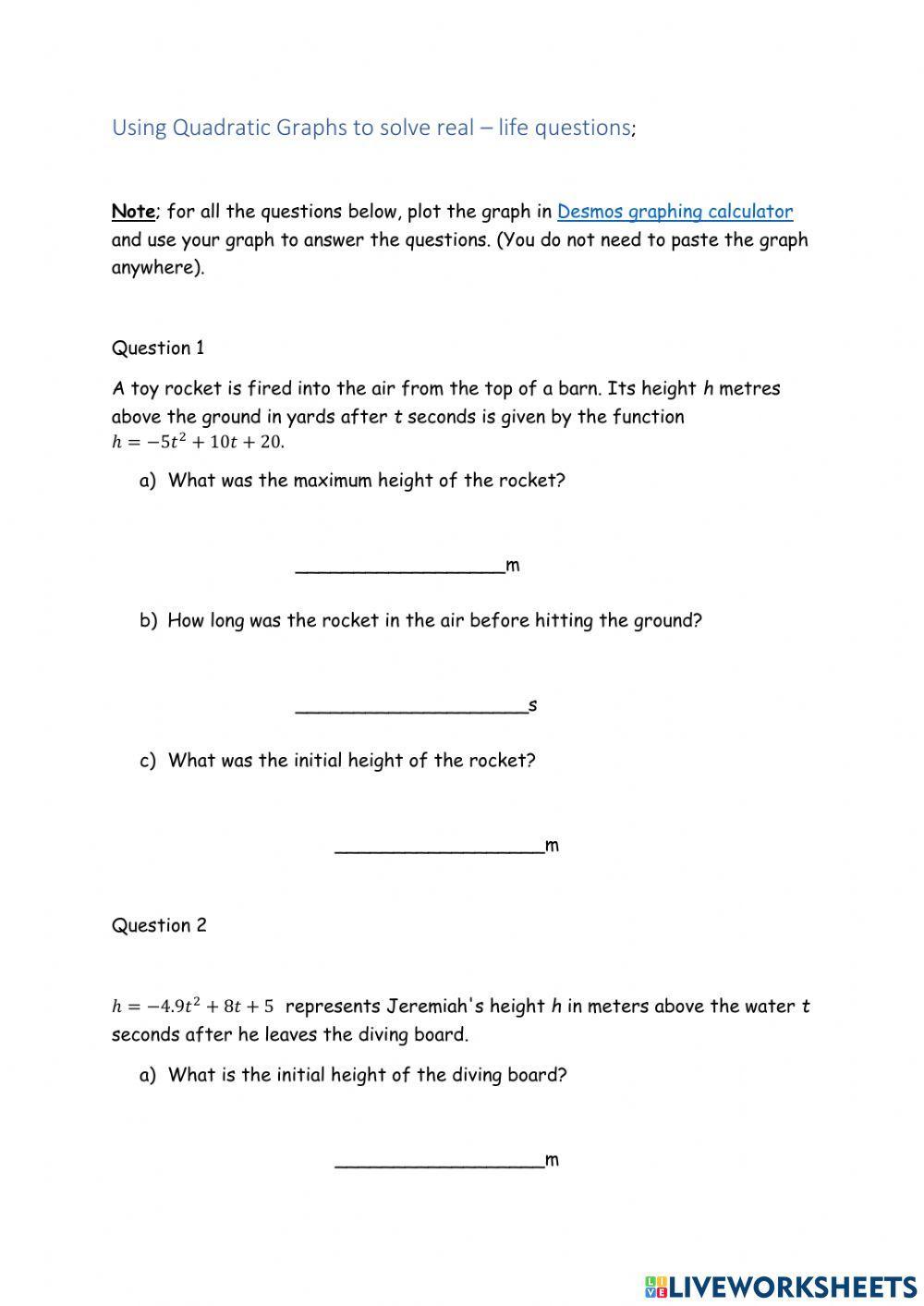 Using Quadratic… | Free Interactive Worksheets | 1465055