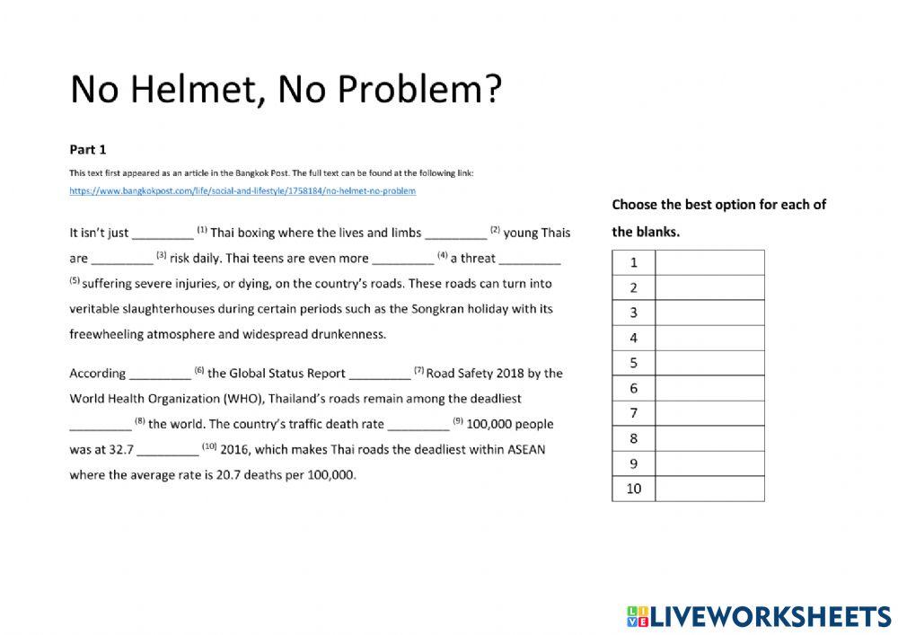 No Helmet, No Problem? Part 1 worksheet | Live Worksheets