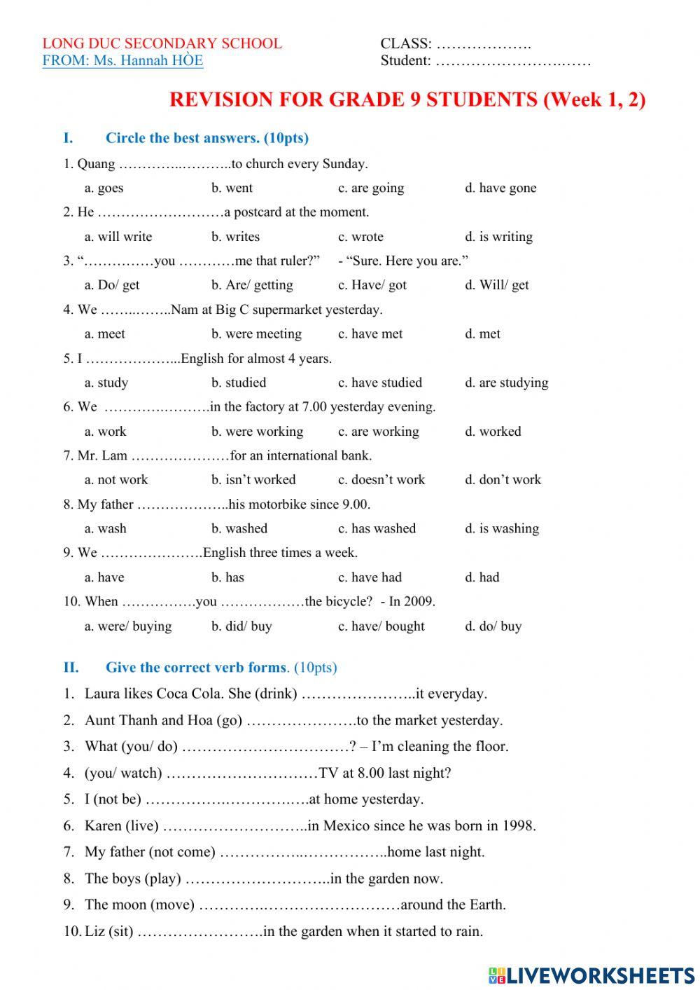 Revision (Week 1,2) K9. HOE worksheet | Live Worksheets