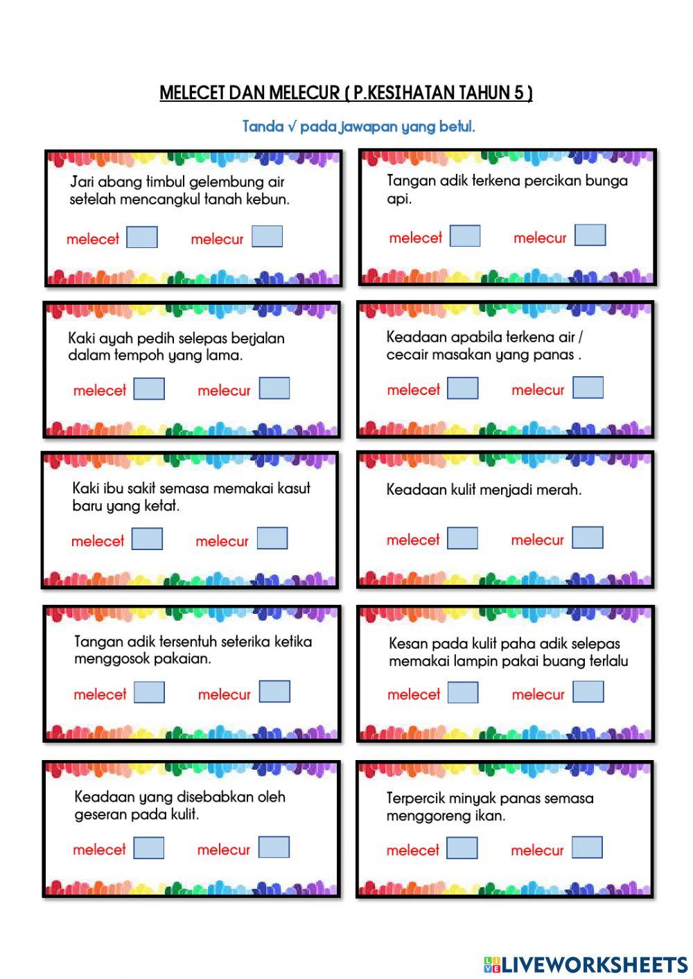 Melecur dan melecet worksheet | Live Worksheets