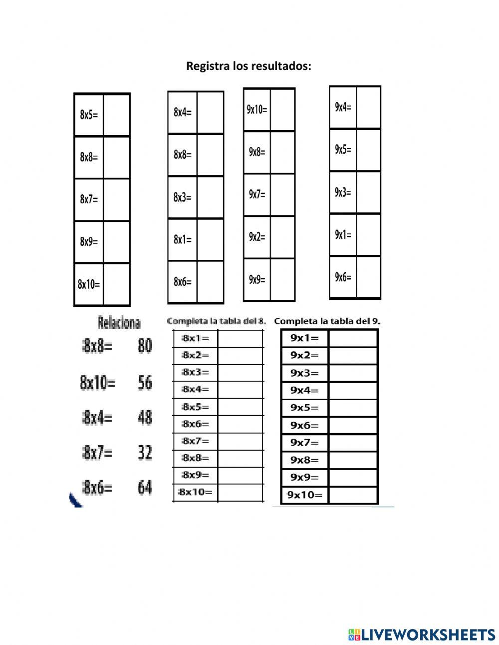Tabla 8 Y 9 Worksheet Live Worksheets