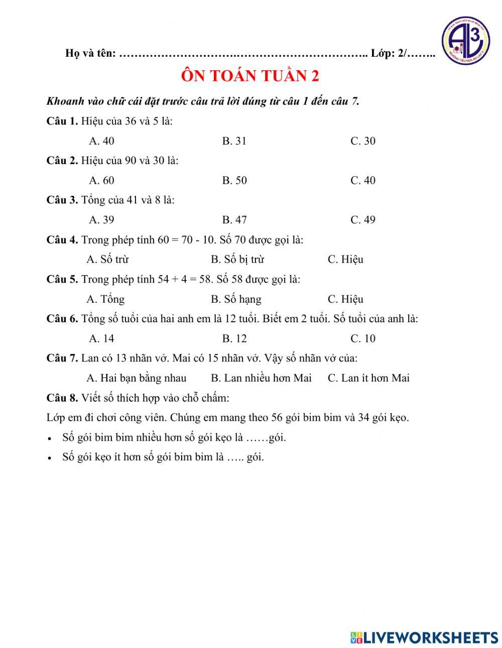 Ôn tập toán lớp 2 tuần 2 worksheet | Live Worksheets