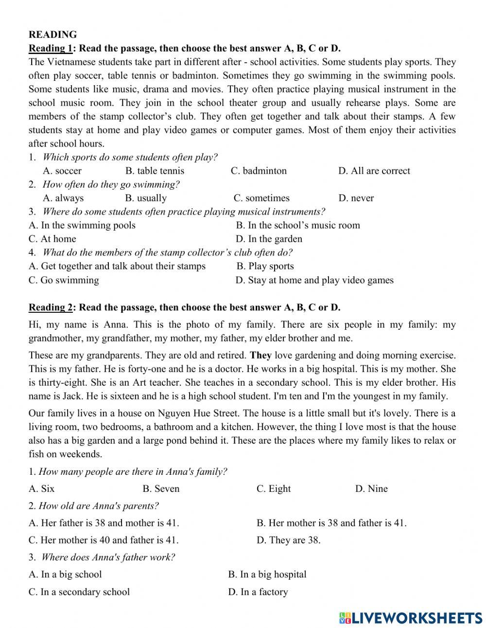 Reading online exercise for G6 | Live Worksheets