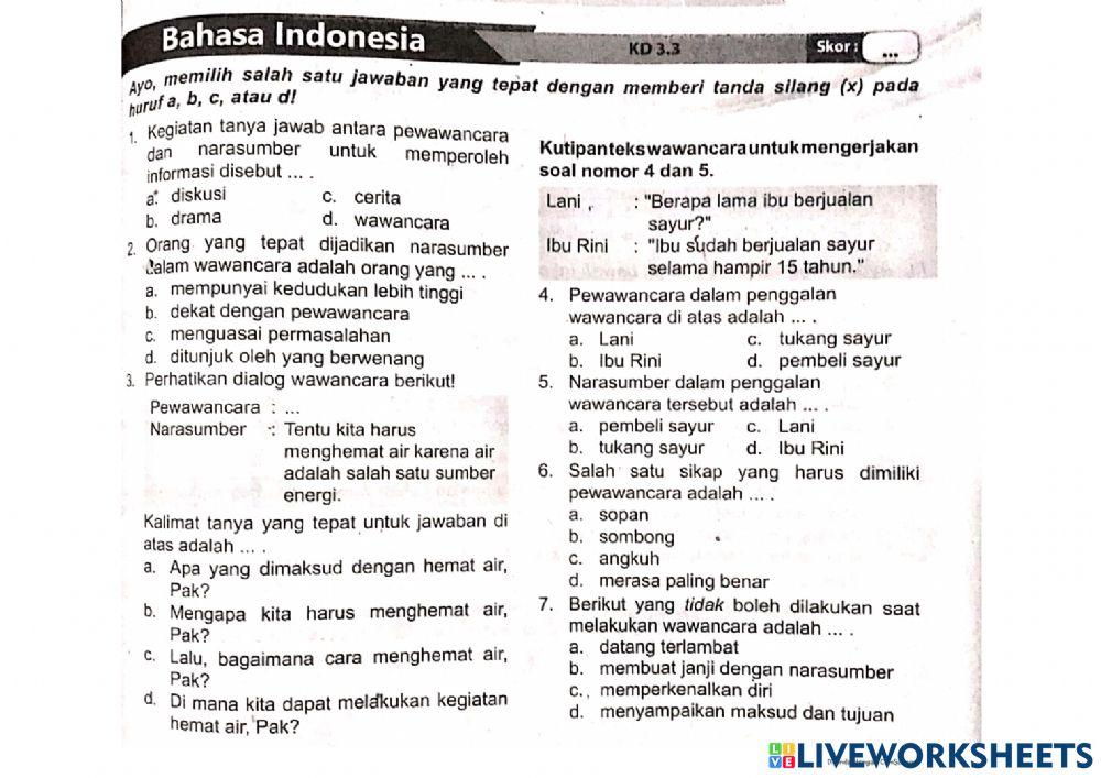 Bahasa indonesia online exercise for 4 | Live Worksheets