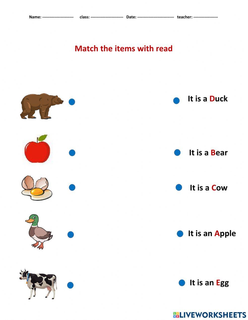 match the items with read online exercise for | Live Worksheets