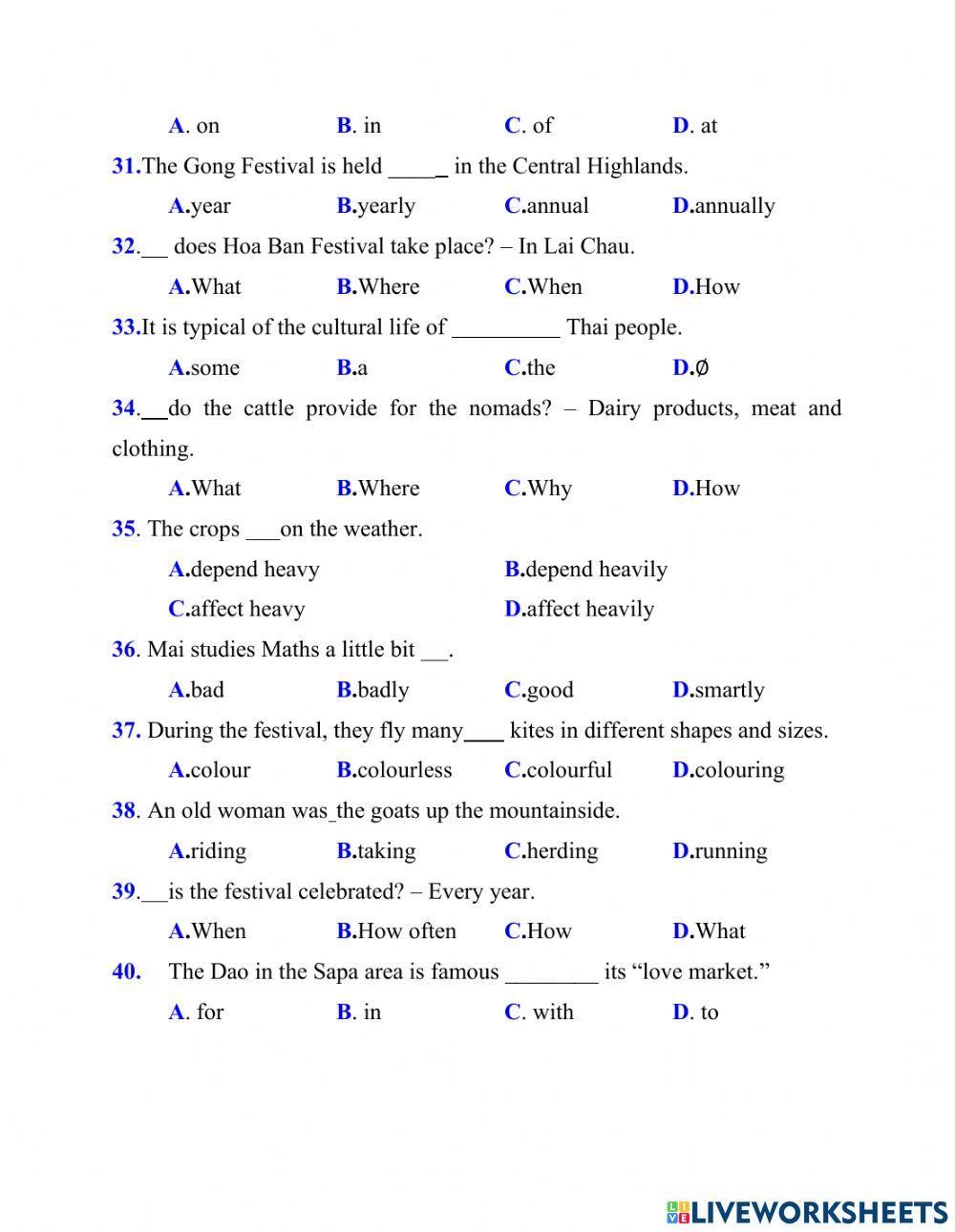Test lớp 8 MULTIPLE CHOICE unit 3 worksheet | Live Worksheets