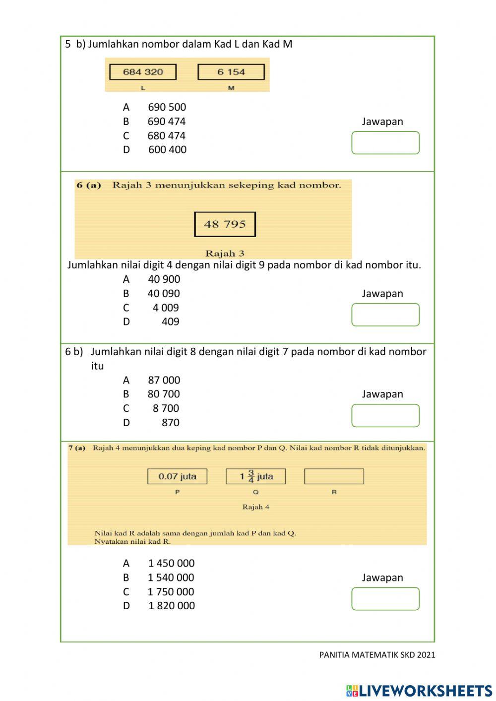 Matematik online exercise for SEK RENDAH | Live Worksheets